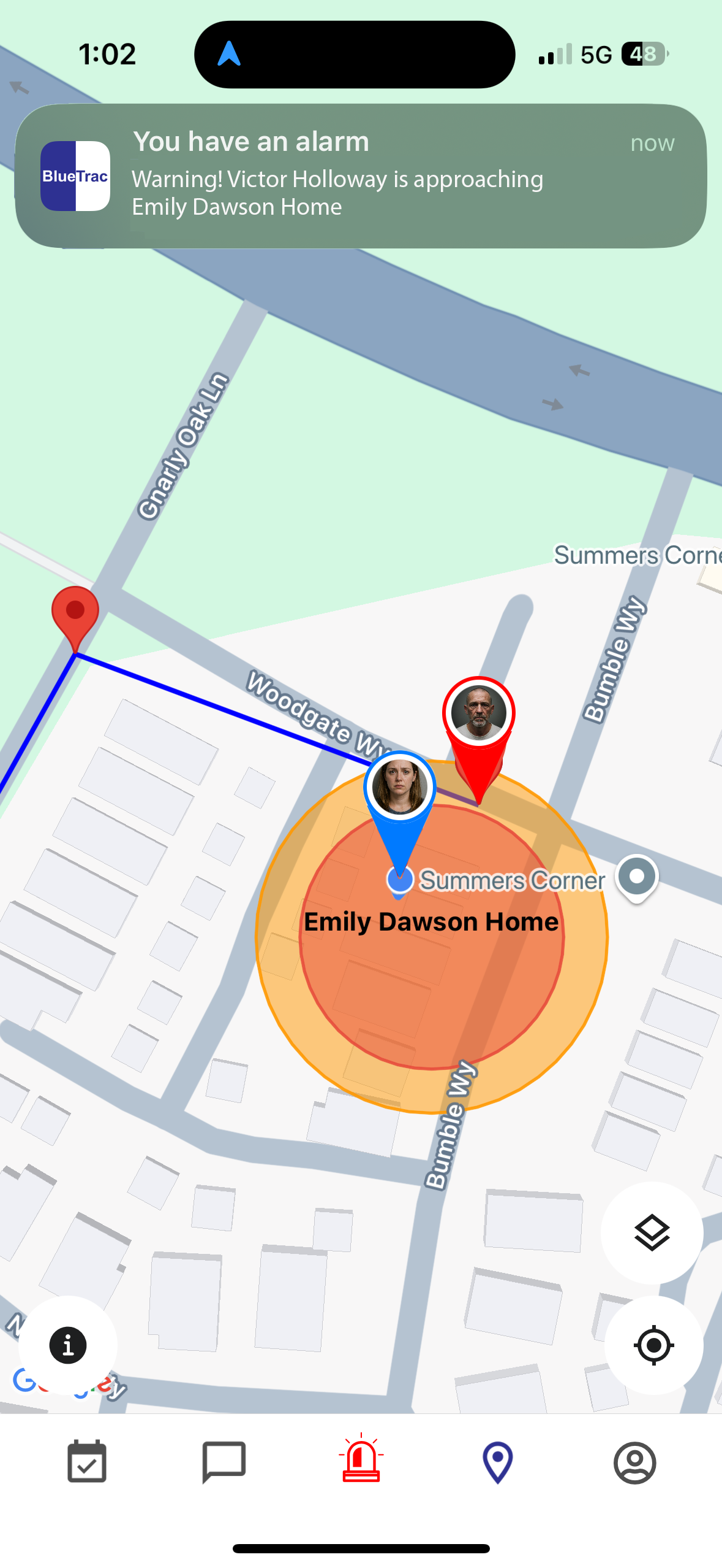 1C Emily Home map with Victor in threshold with warning - EndurID EndurID